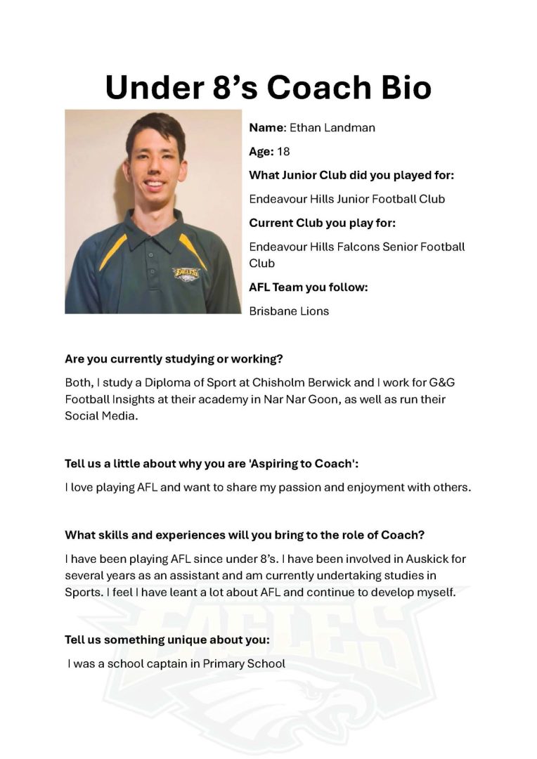 Welcome to our 2025 Under 8's Coach - Ethan Landman - Endeavour Hills ...